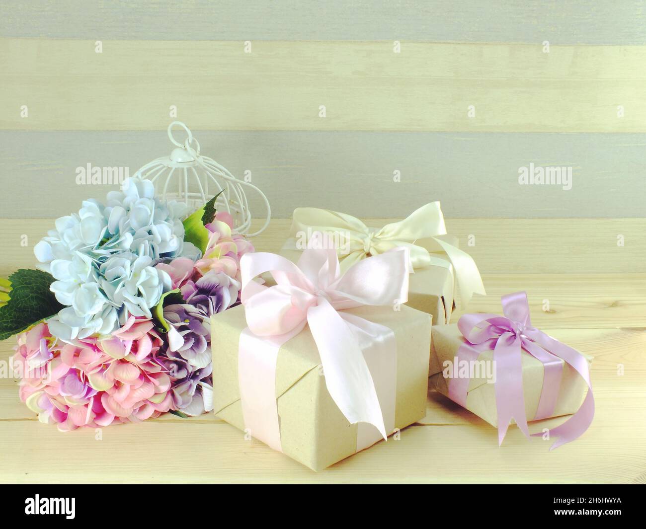 beautiful decorated colorful flower bouquet and gift box present Stock ...