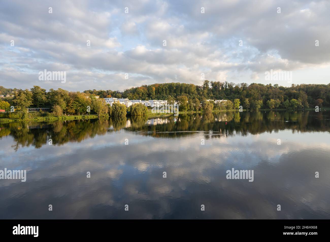 View over the Ruhr-river on the district of Essen Kupferdreh in Germany ...