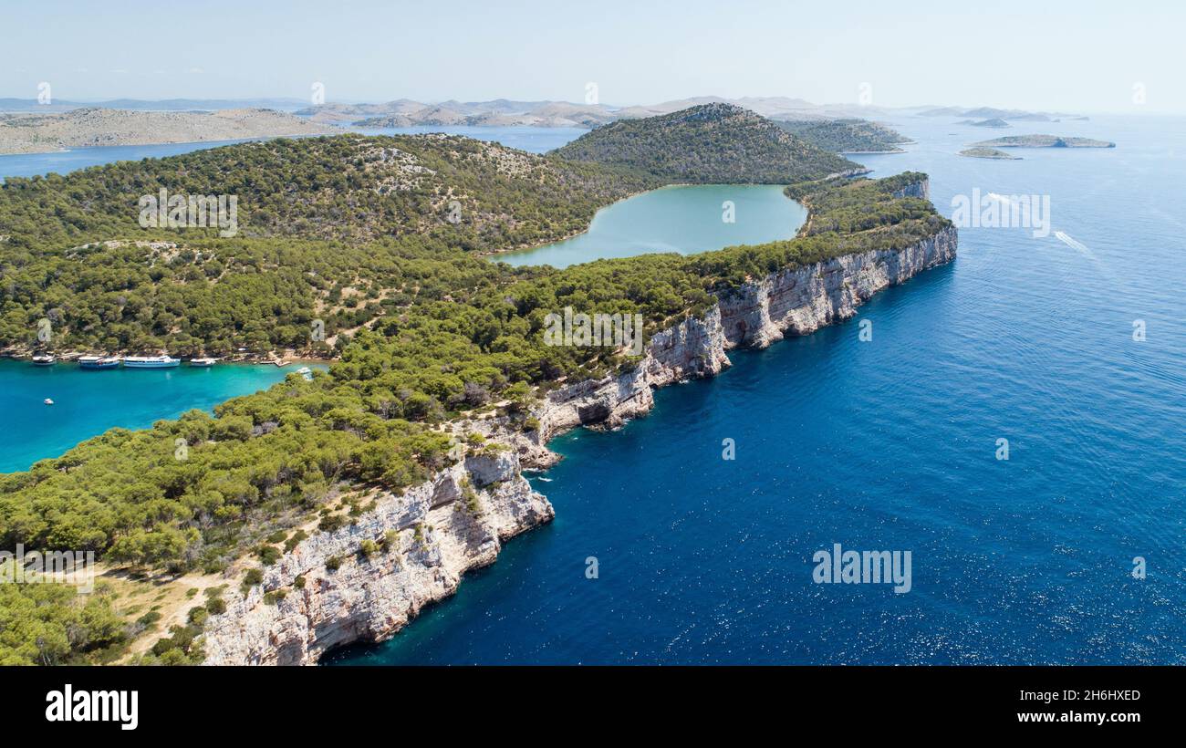 Aerial view of the salt lake Mir in Nature Park Telascica, Croatia ...