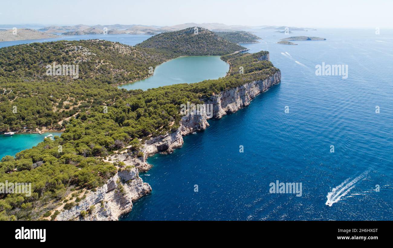 Aerial view of the salt lake Mir in Nature Park Telascica, Croatia ...