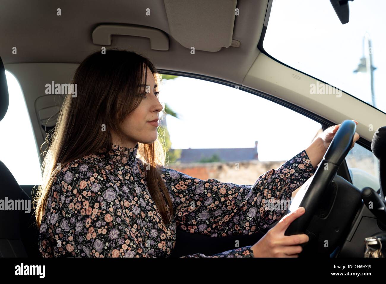Confident and happy young brunette lady driving in a car Stock Photo ...