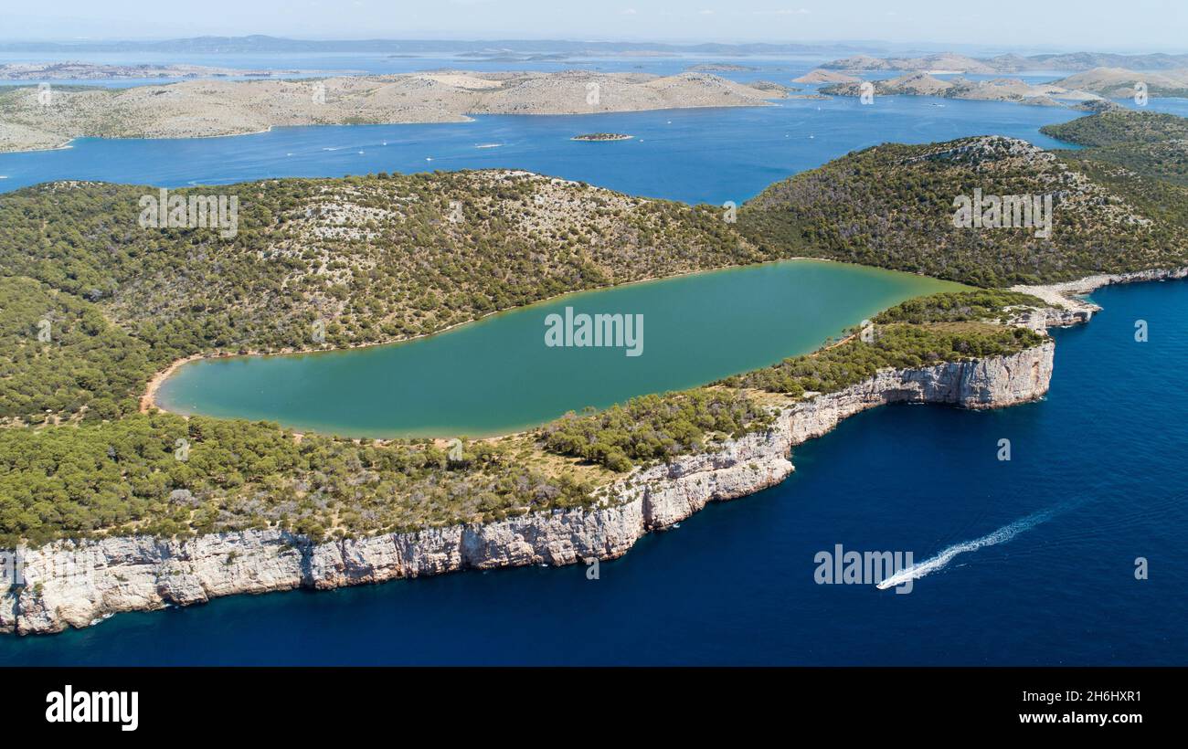 Aerial view of the salt lake Mir in Nature Park Telascica, Croatia ...