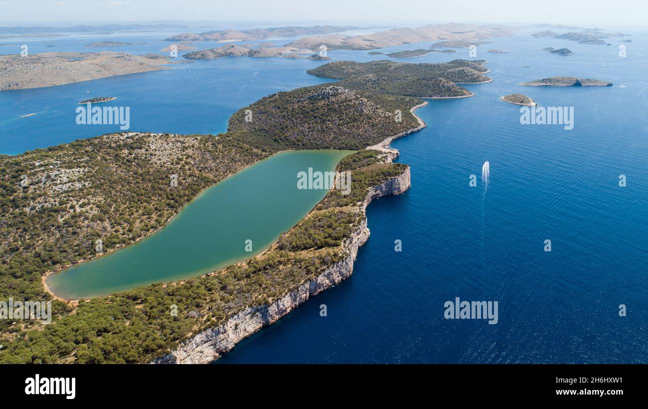 Aerial view of the salt lake Mir in Nature Park Telascica, Croatia ...