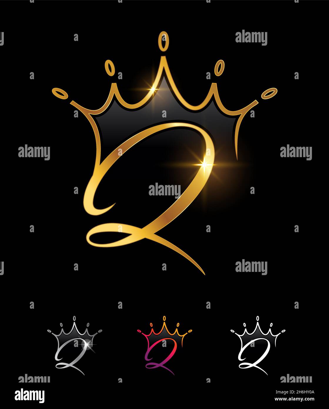 A vector illustration set of Golden Monogram Crown Initial Letter Q in ...