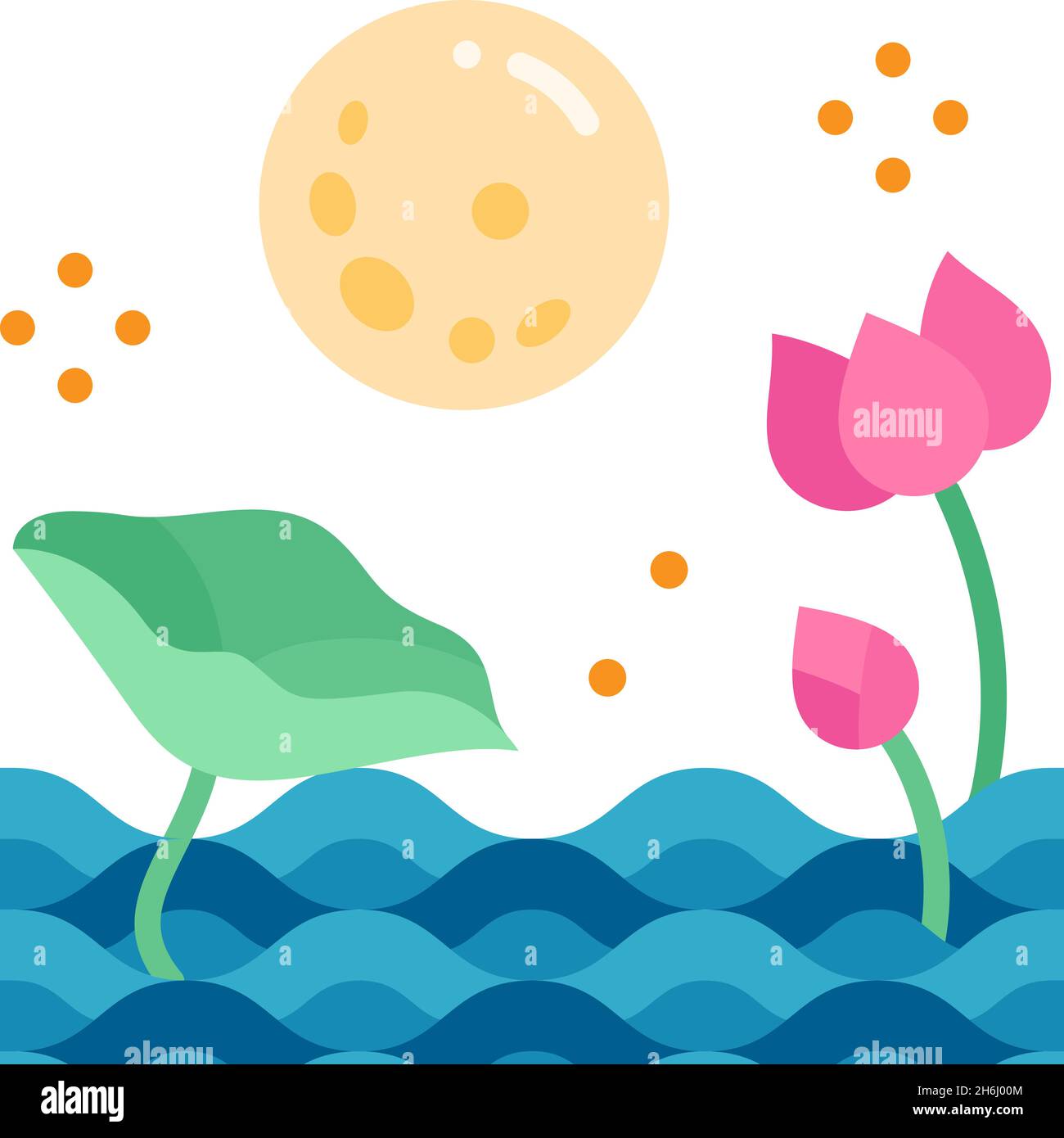 Full moon and lotus flower and leaf vector illustration scene for ...