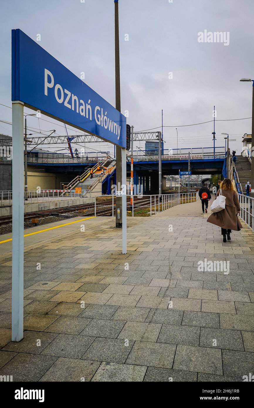Poznan, Poland - October 2 2020: Big sign of Poznan Glowny at the train ...