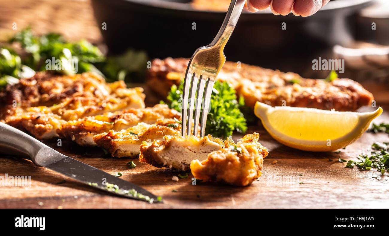 Viennese chicken steak on a fork. Traditional Austrian and German dish ...