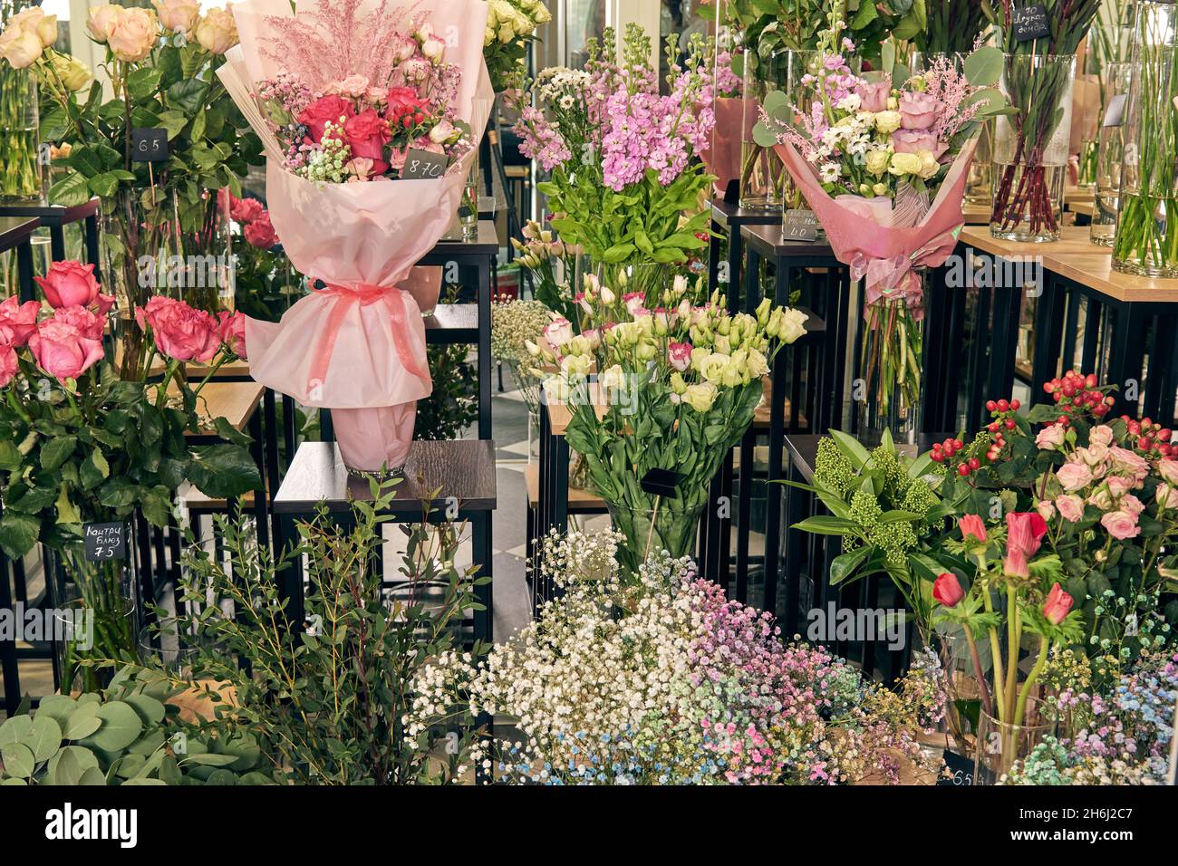 Fresh, lush bouquet of colorful mixed flowers. European floral shop ...