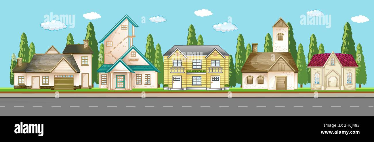Front of urban houses along the street illustration Stock Vector Image ...