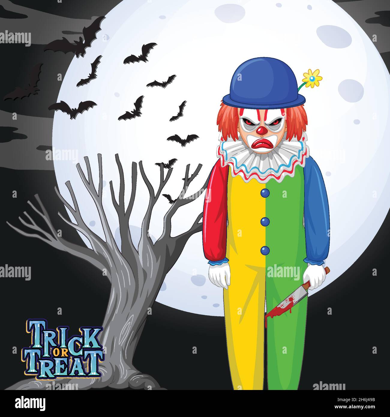 Killer clown character on full moon background illustration Stock ...