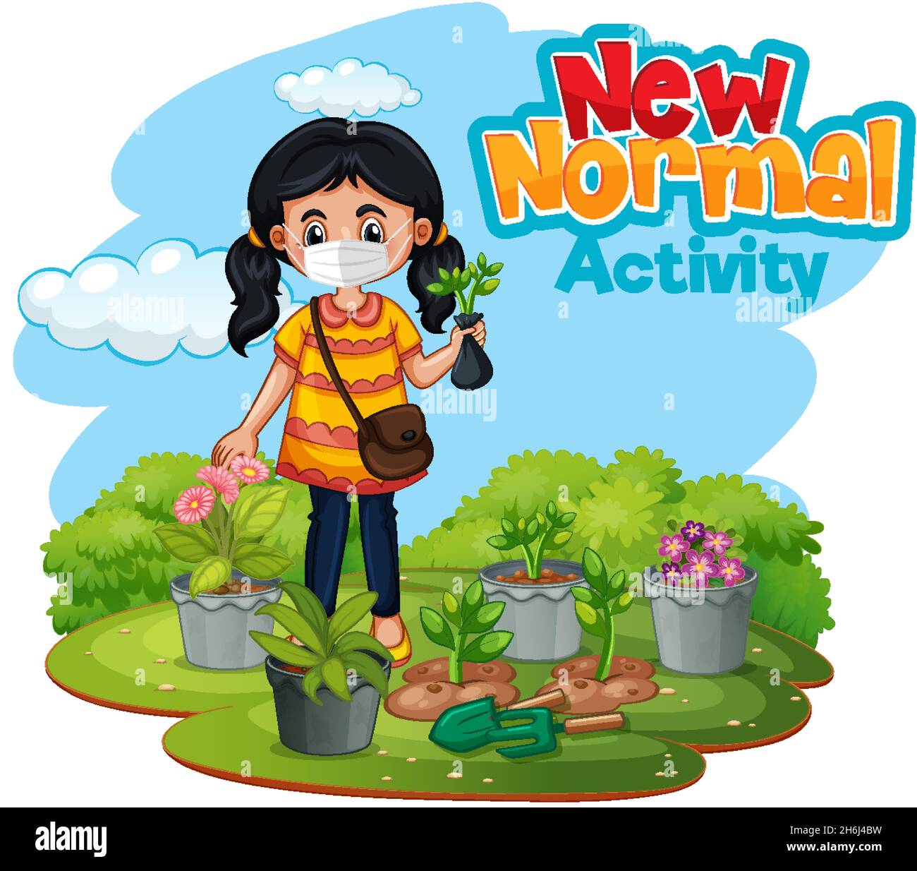 New Normal Activity with a girl at the garden illustration Stock Vector ...