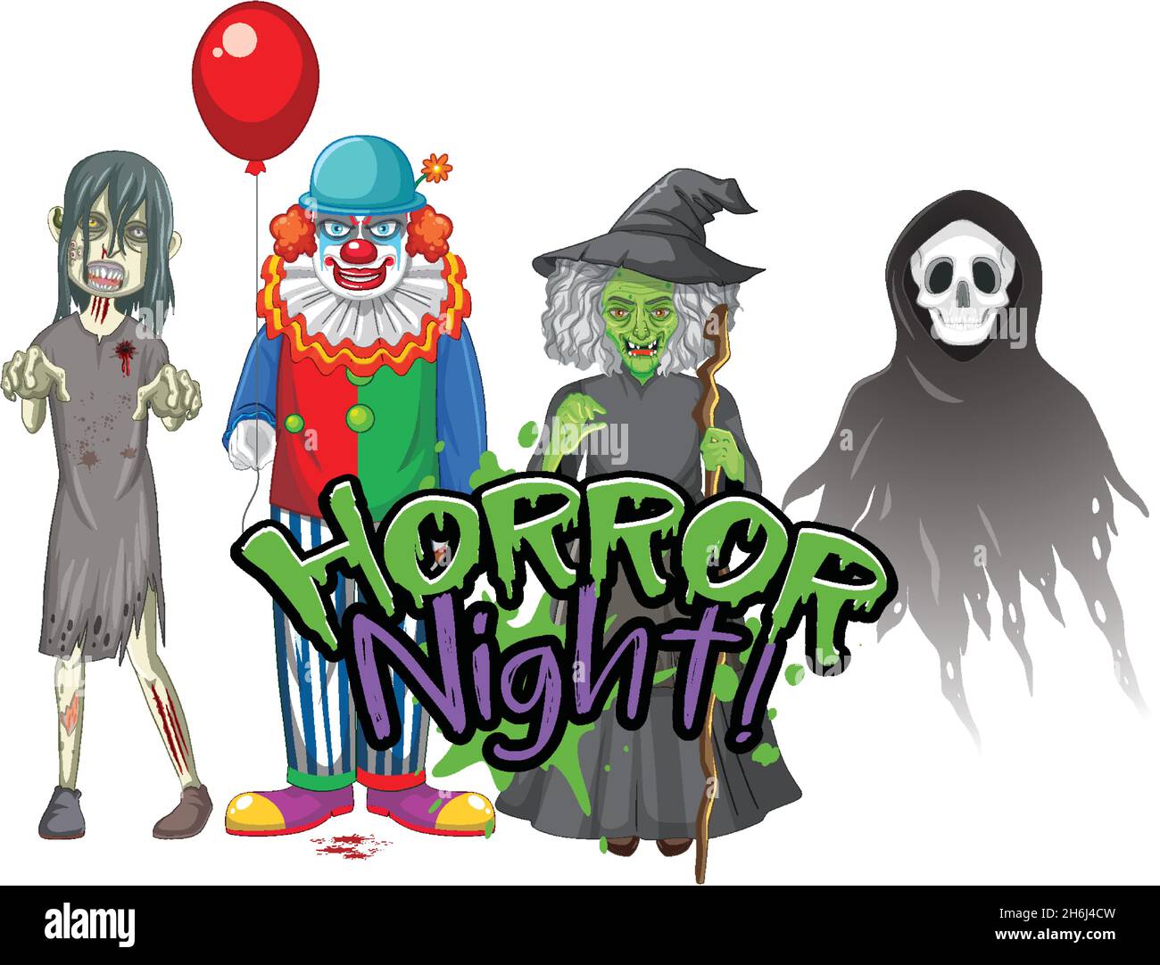 Horror Night text design with Halloween ghost characters illustration ...