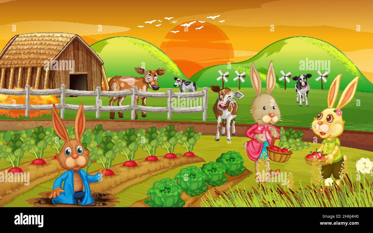 Farm at sunset time scene with rabbit family and farm animals ...