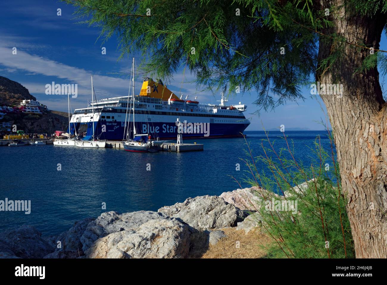 Blue Star Ferries ship The Chios arriving at Livadia harbour, Tilos ...