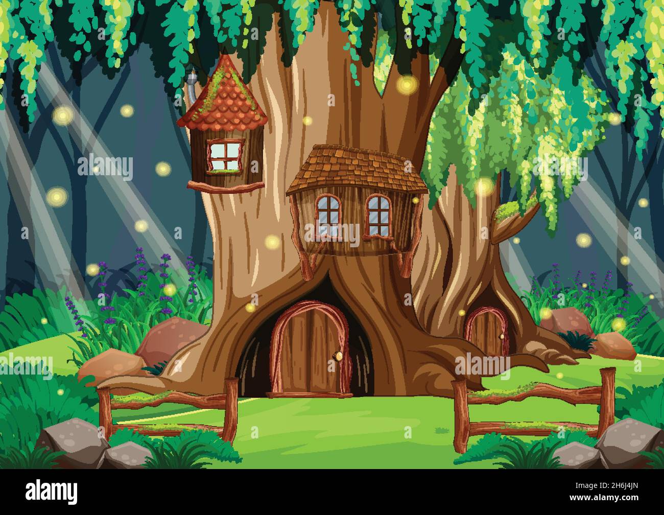 Fantasy forest scene with hollow tree house illustration Stock Vector ...