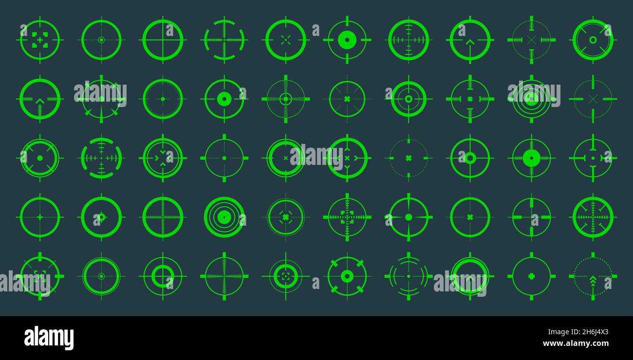 Crosshair, gun sight vector icons. Bullseye, green target or aim symbol ...