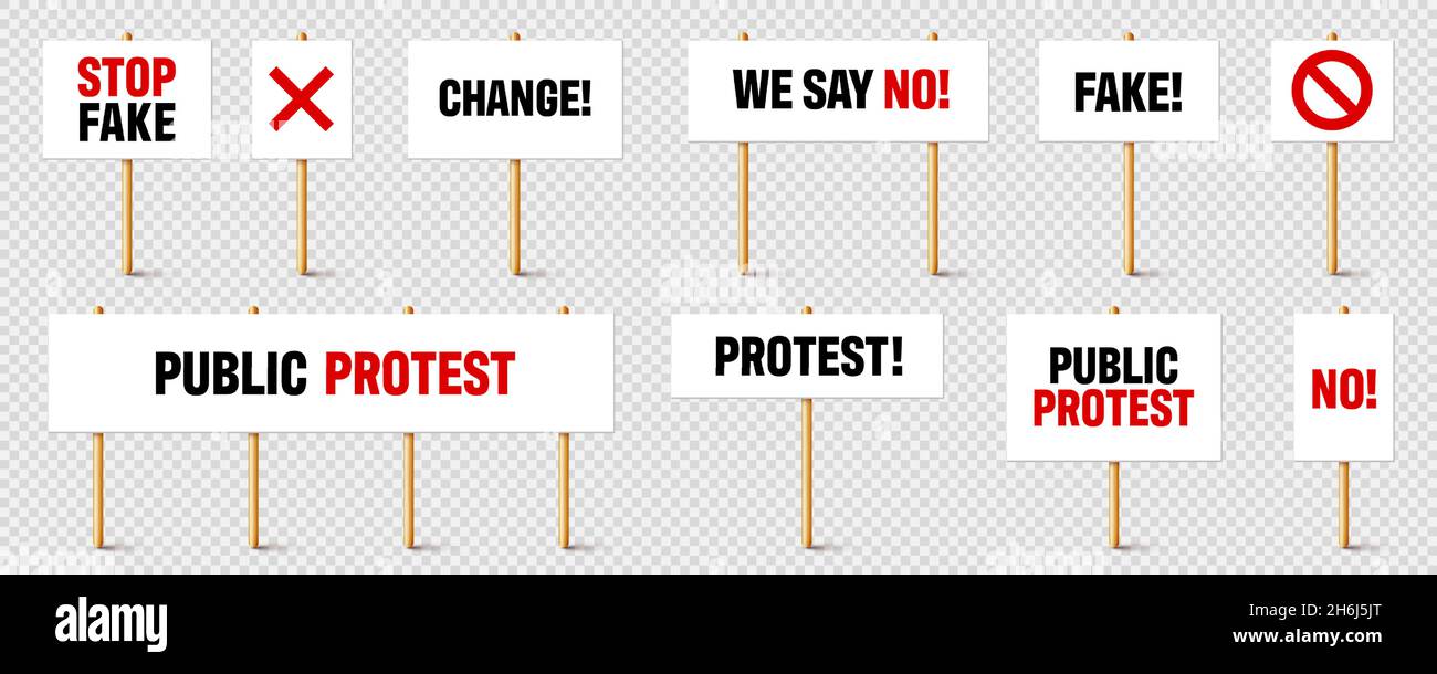 Protest signs with slogan on wooden holder. Realistic vector ...