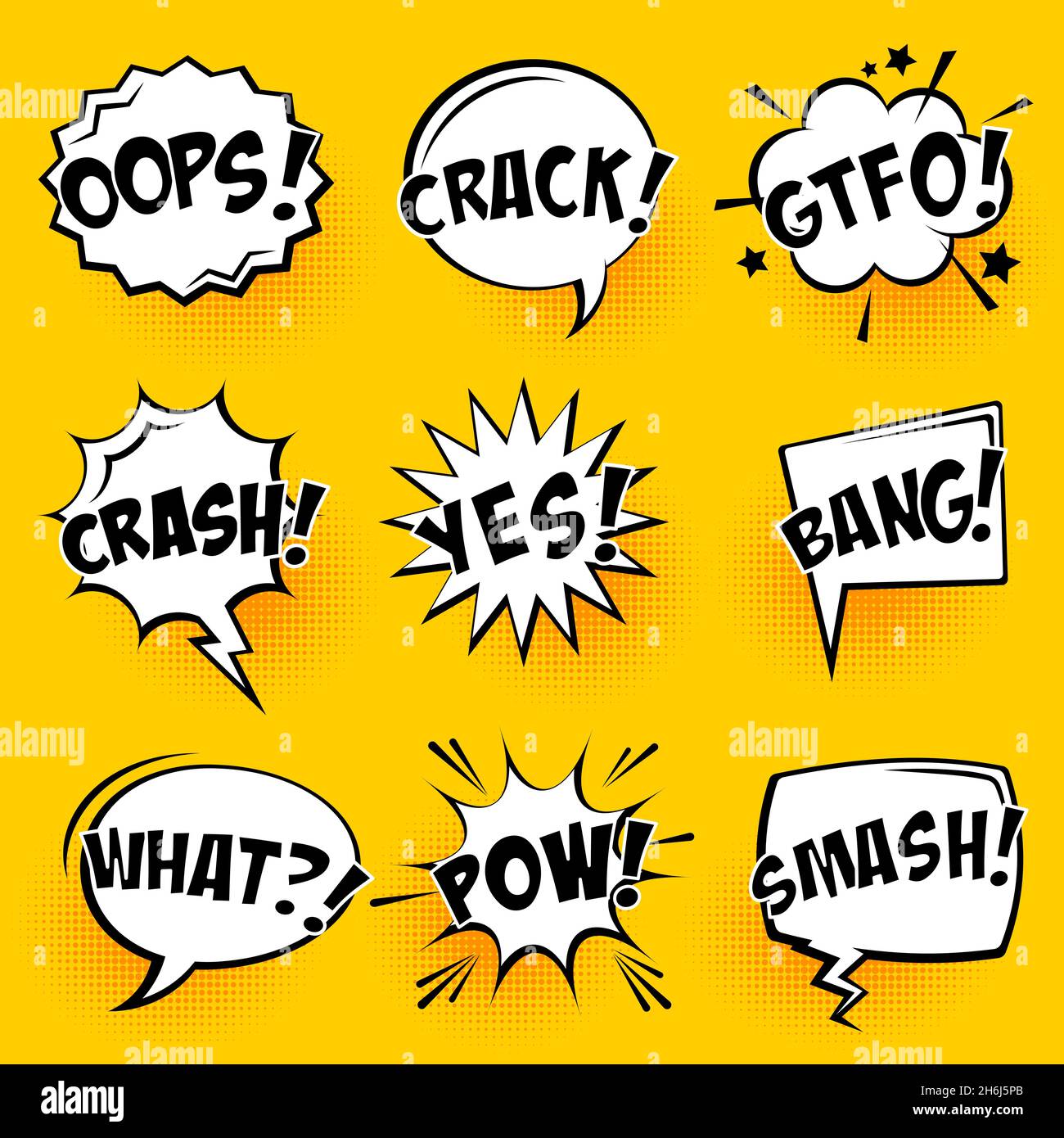 Comic speech bubbles with halftone shadows and text on yellow ...
