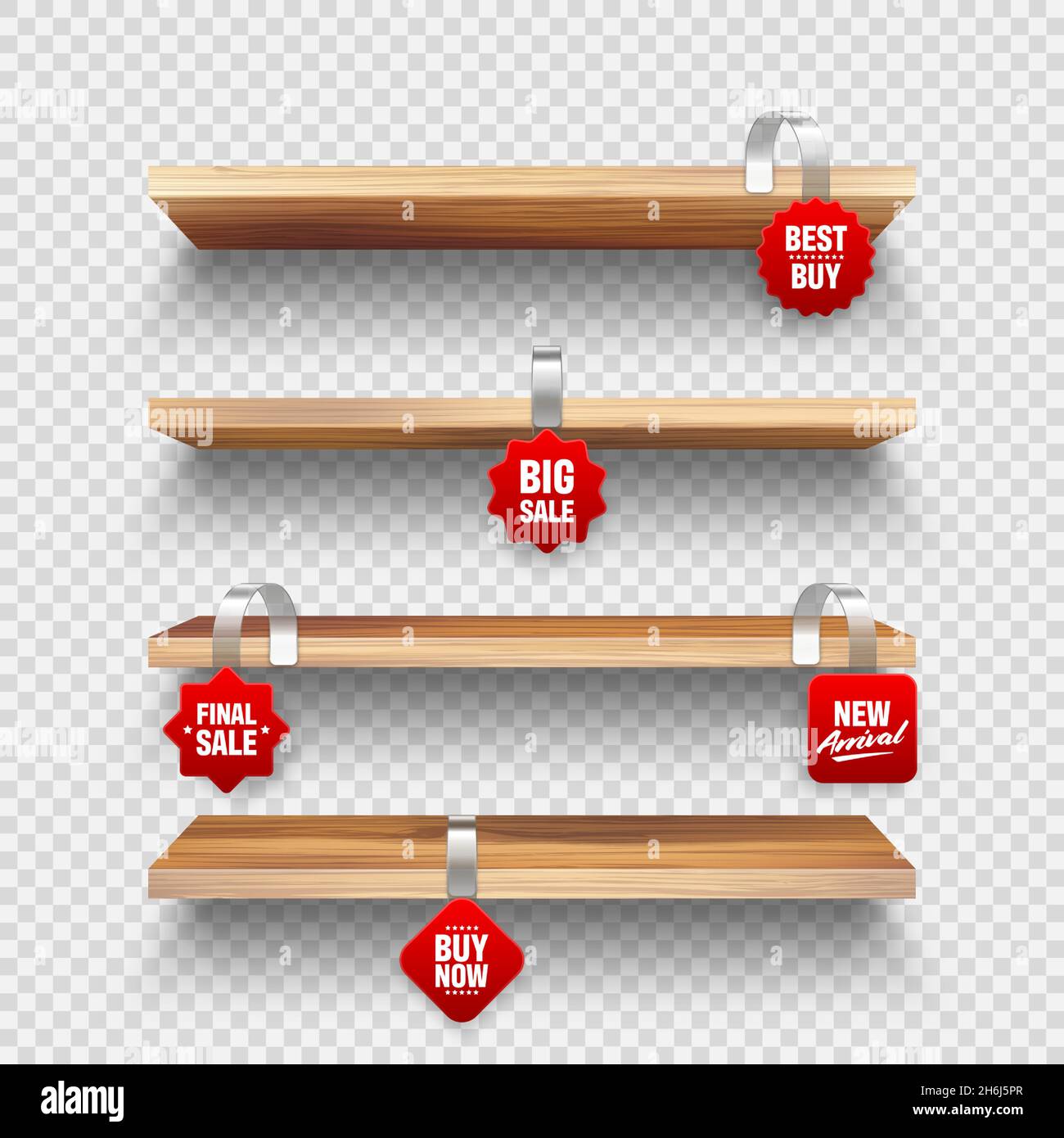 Realistic vector wooden store shelves, supermarket promotional wobblers. Product shelf with ...