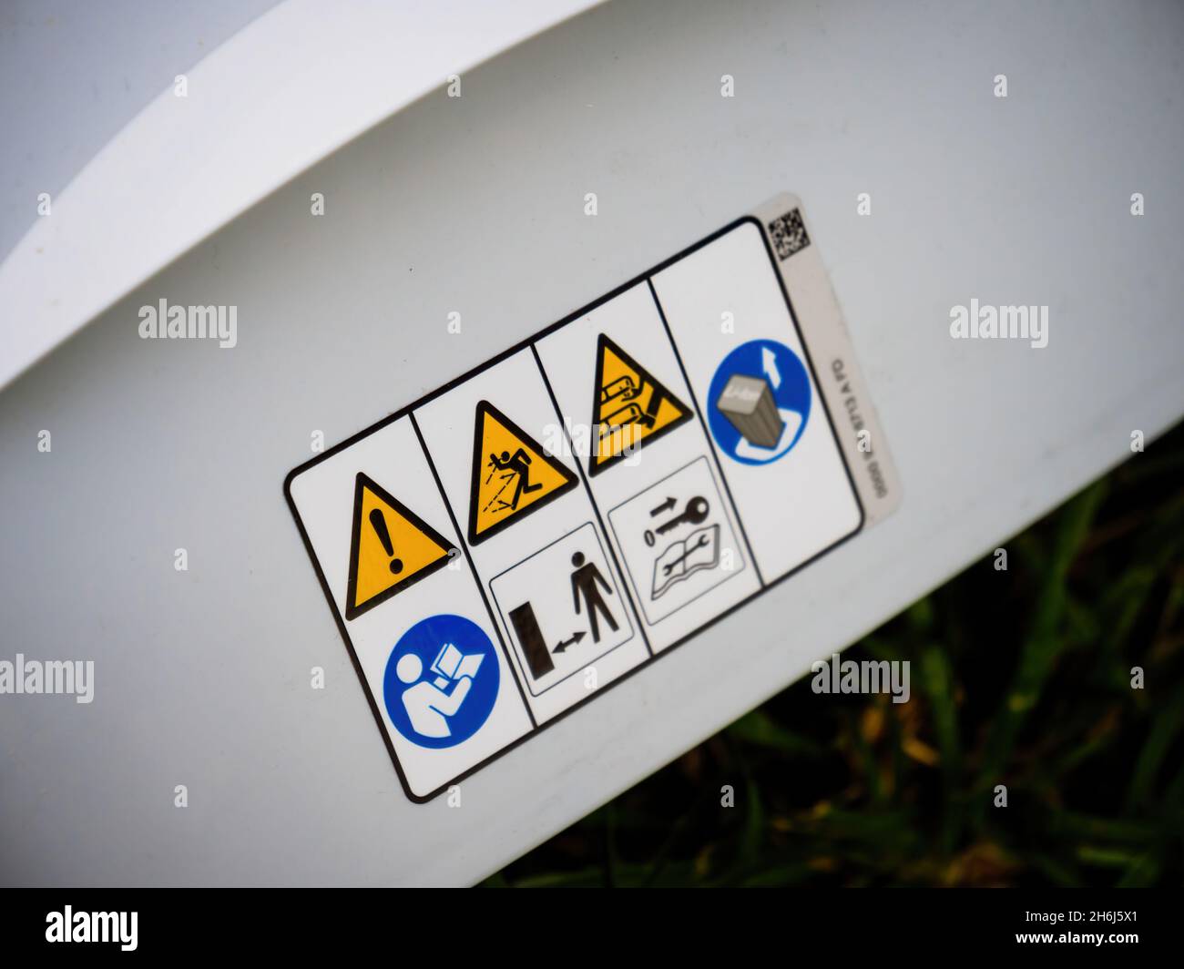 Security safety signages on the new professional Stihl lawn mower after ...