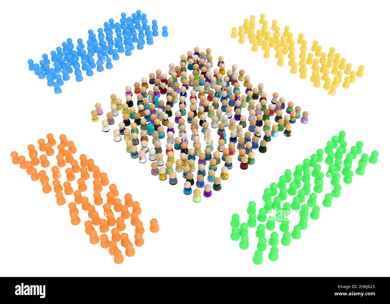 Crowd of small symbolic figures, color groups squared, 3d illustration ...