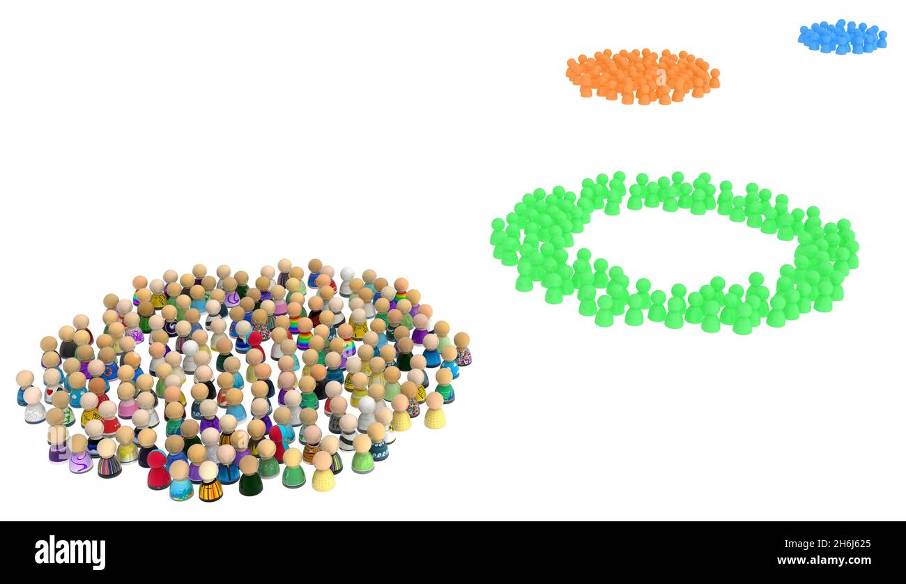 Crowd of small symbolic figures, color ring groups, 3d illustration ...