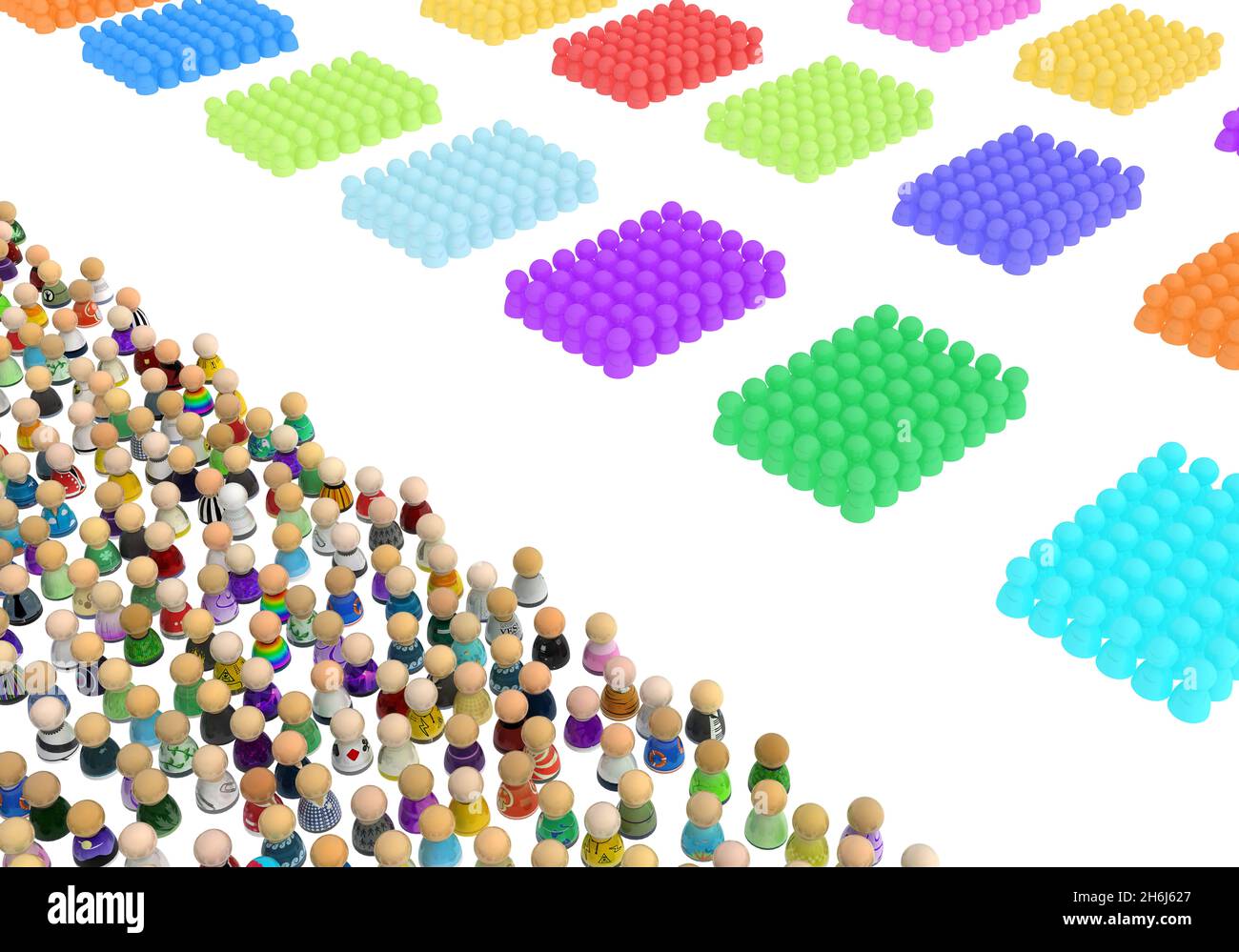 Crowd of small symbolic figures, color group formations, 3d ...