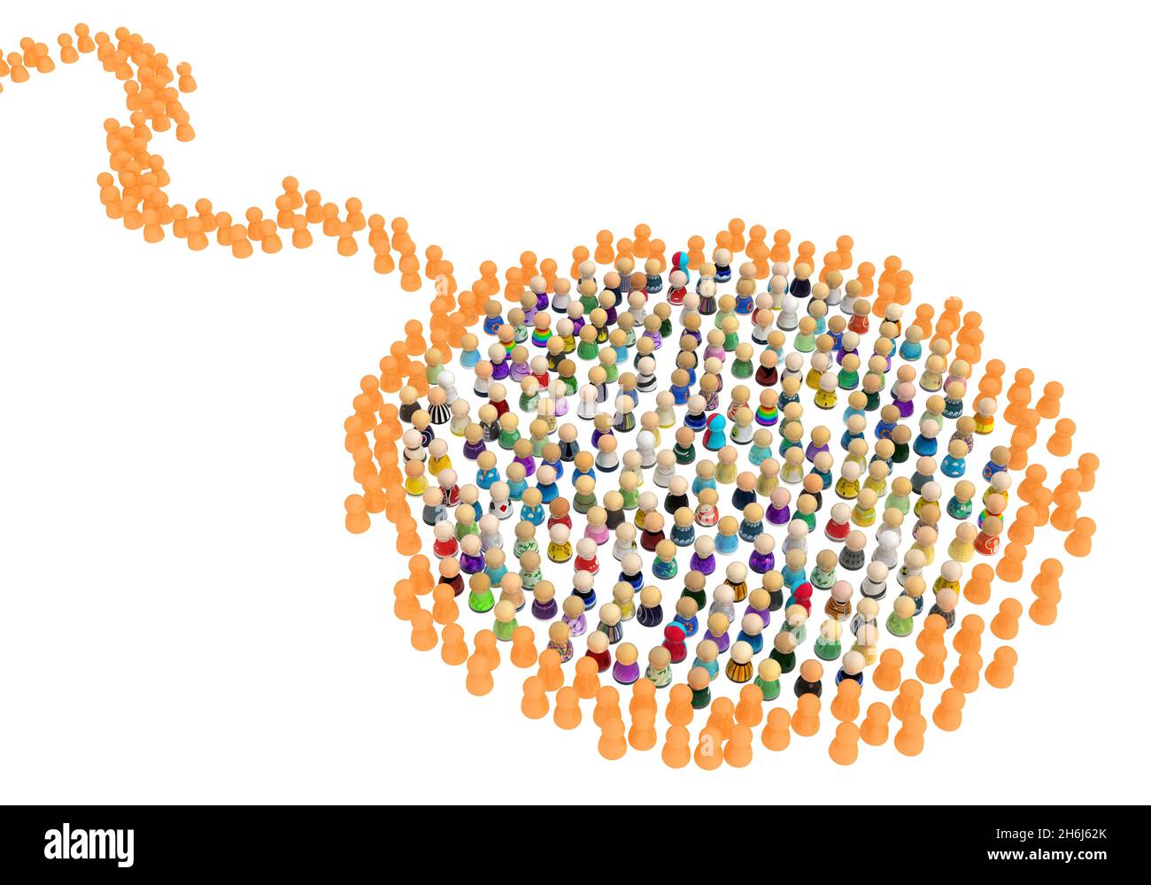 Crowd of small symbolic figures, color group orange ring, 3d ...