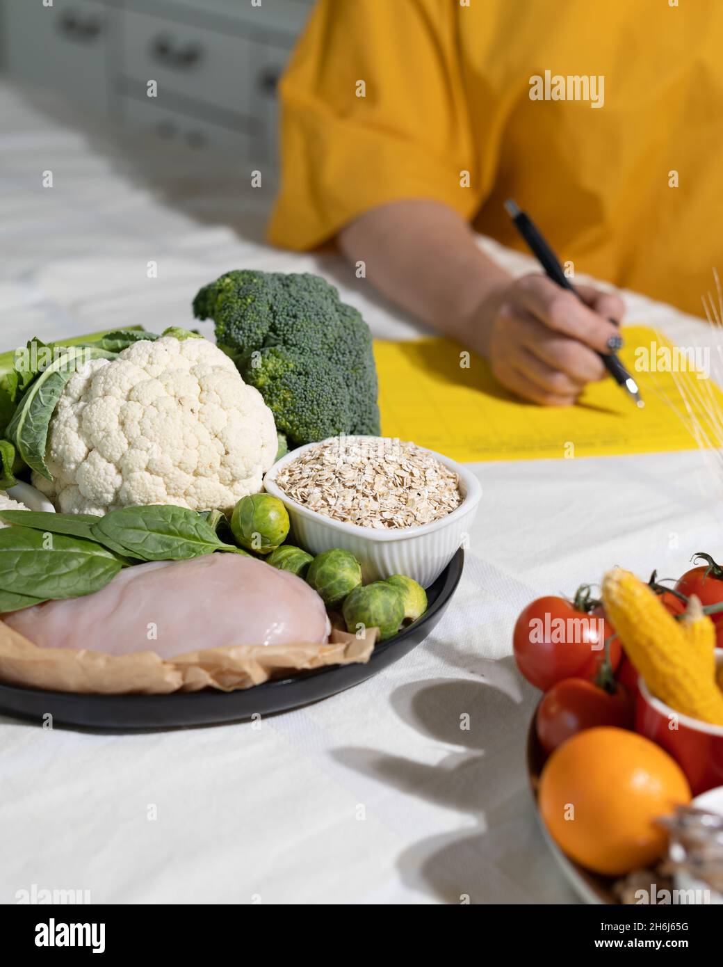 Elimination diet concept. A woman avoids food allergens - fish, seafood ...