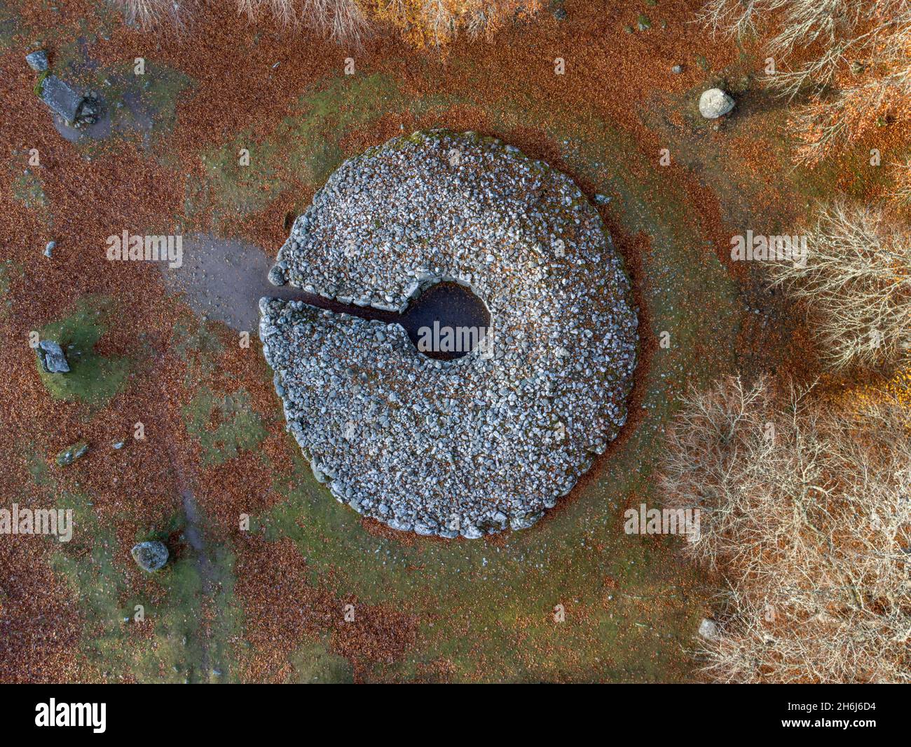 Aerial view of Clava Cairns, a Bronze Age burial complex of standing ...