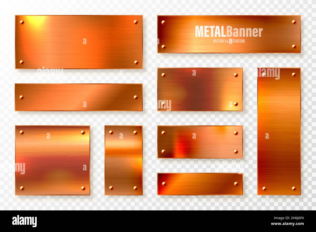 Realistic copper banners collection. Brushed stainless steel plate with ...
