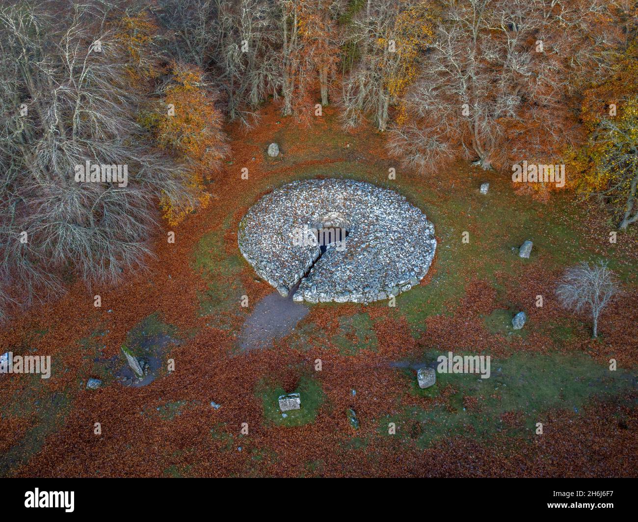 Aerial view of Clava Cairns, a Bronze Age burial complex of standing ...