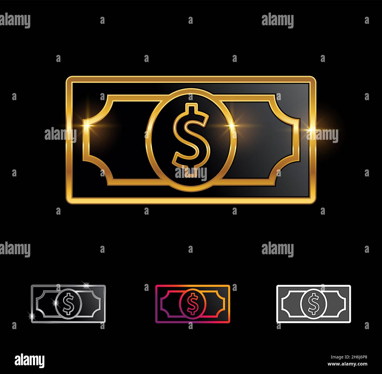 A vector illustration set of Golden Banknote Dollar Money Vector Sign ...