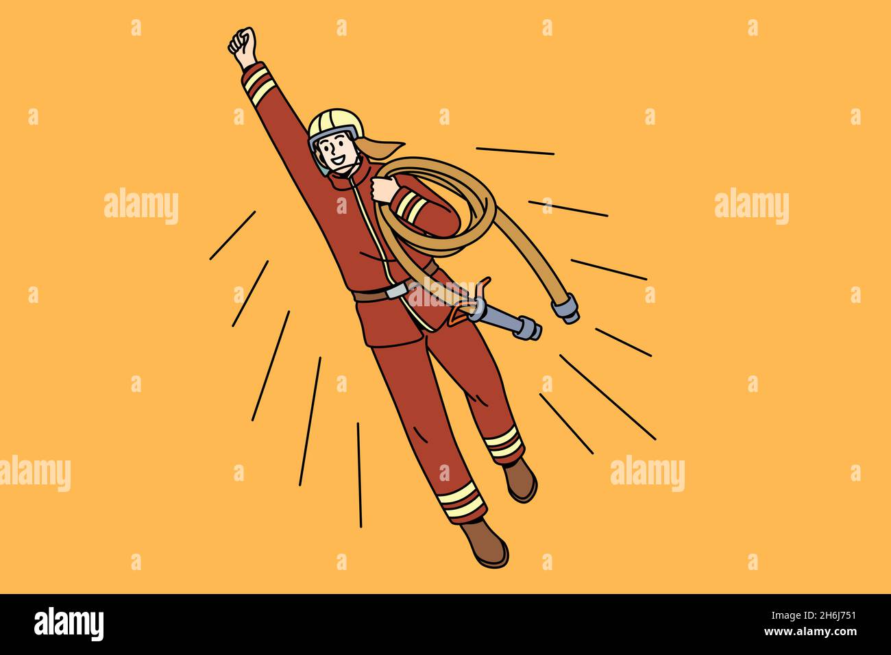 Working as fireman hero concept. Young smiling man cartoon character ...