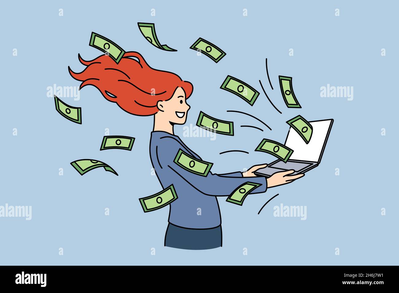 Earning and making money in internet concept. Young smiling woman ...