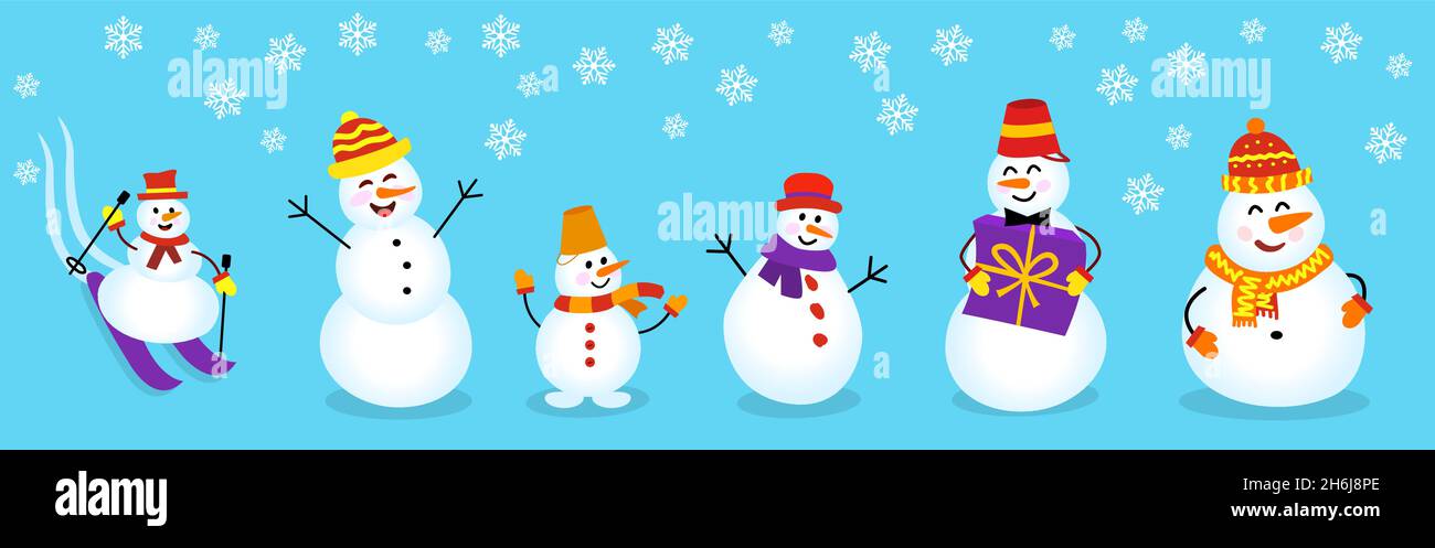Set Cute christmas snowmen. Funny snow man wearing hat and scarf Stock ...