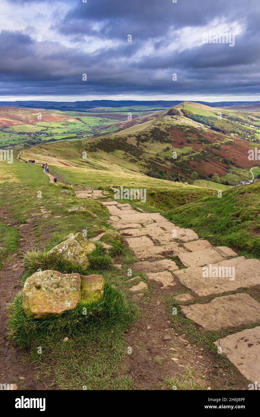 The stone path leading from Mam Tor, with a view along the pathway ...