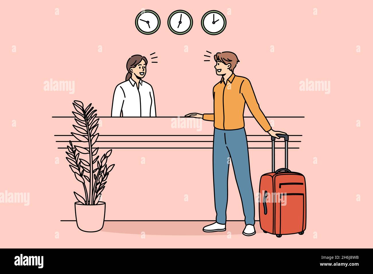 Checking in and reception concept. Young man client guest standing and ...