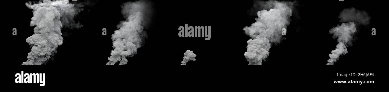 5 grey carbon smoke columns from volcano on black, isolated ...