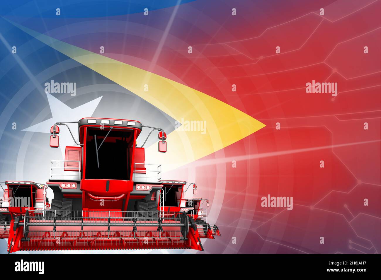 Digital industrial 3D illustration of 3 red modern farm combine ...