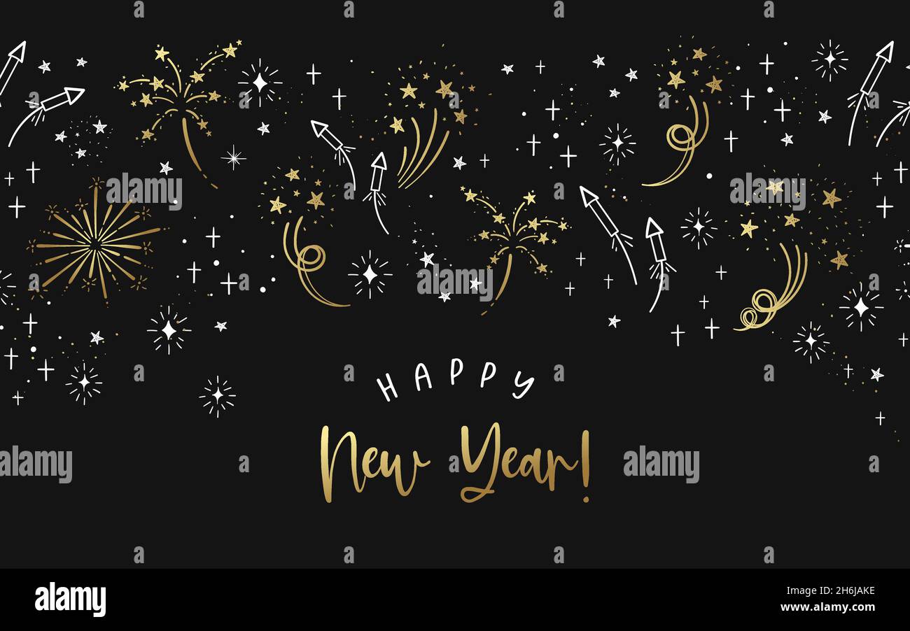 Cute hand drawn New Years design, doodle template in gold and black ...