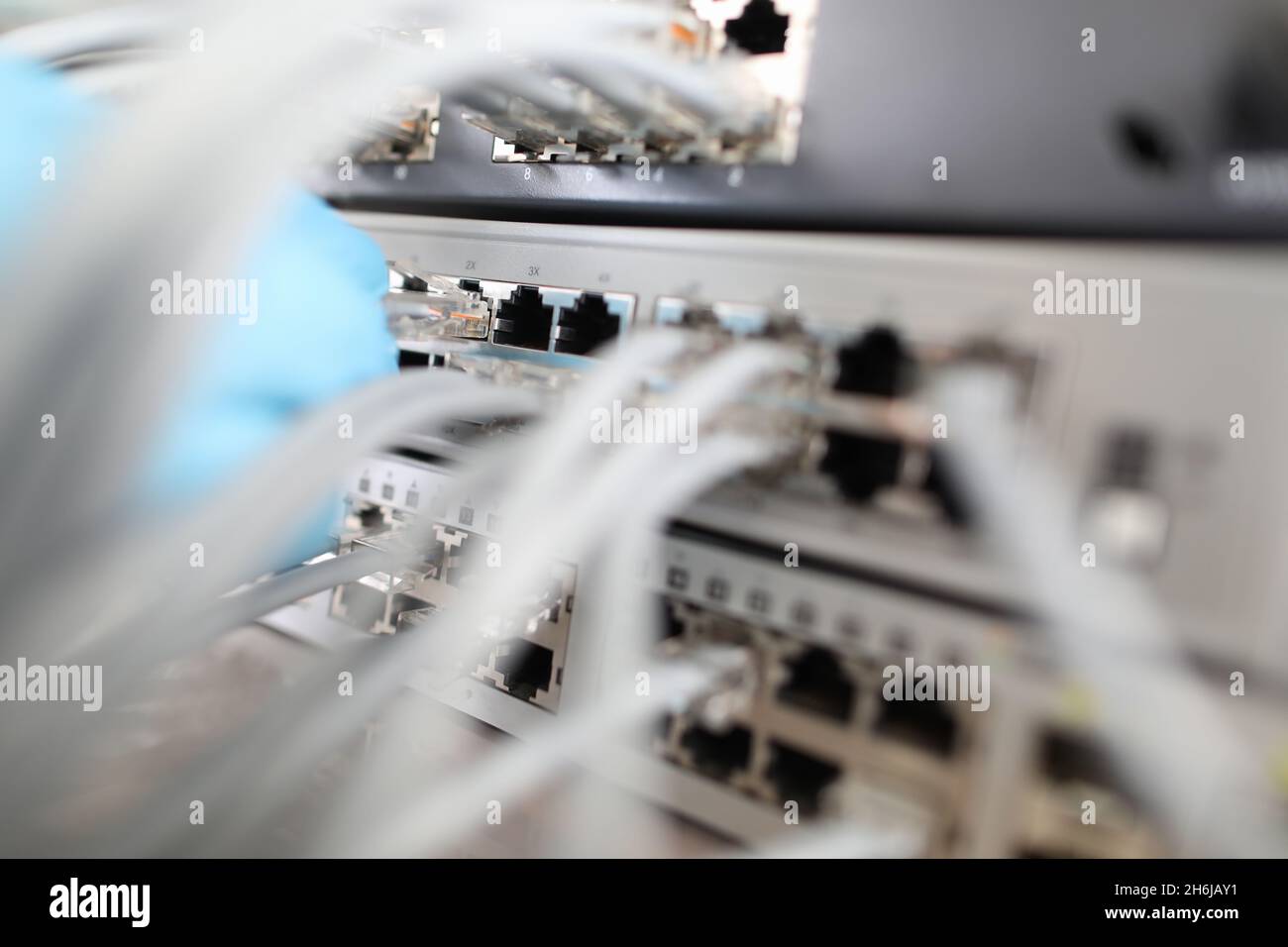 Technology center with fiber optic equipment closeup Stock Photo - Alamy