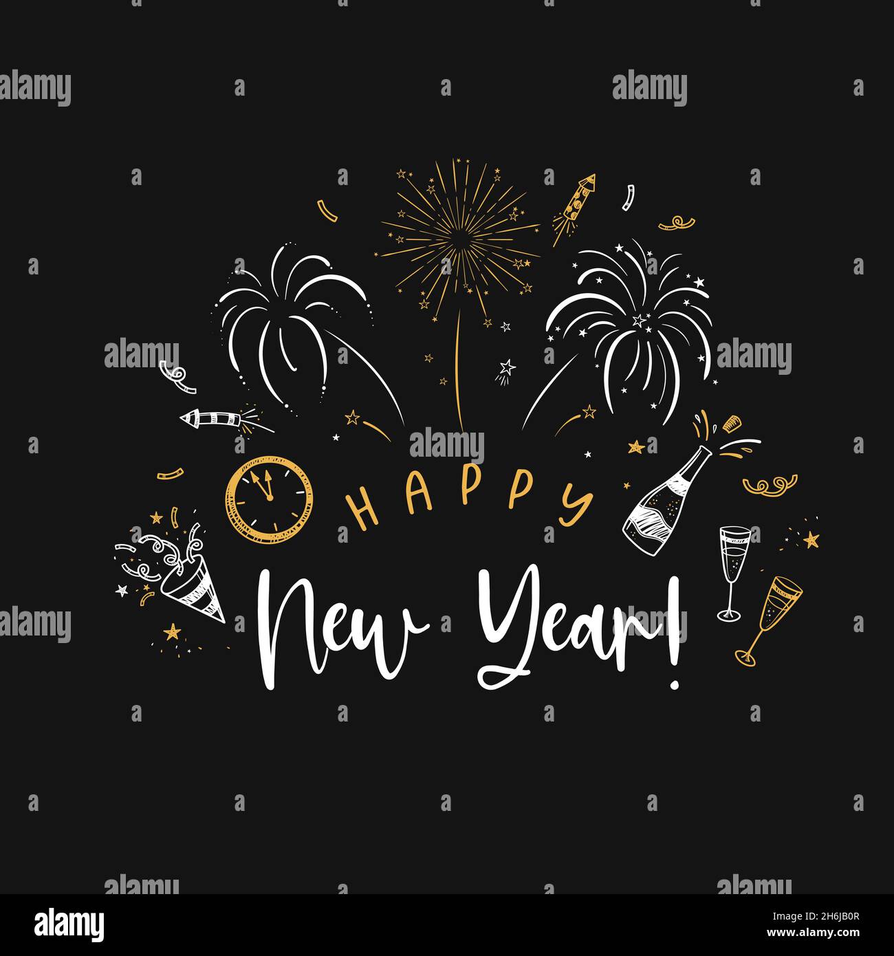 Cute hand drawn New Years design, doodle template in gold and black ...