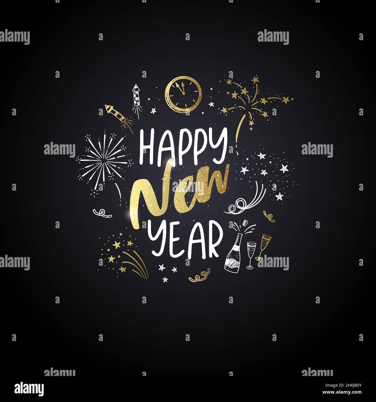 Cute hand drawn New Years design, doodle template in gold and black ...
