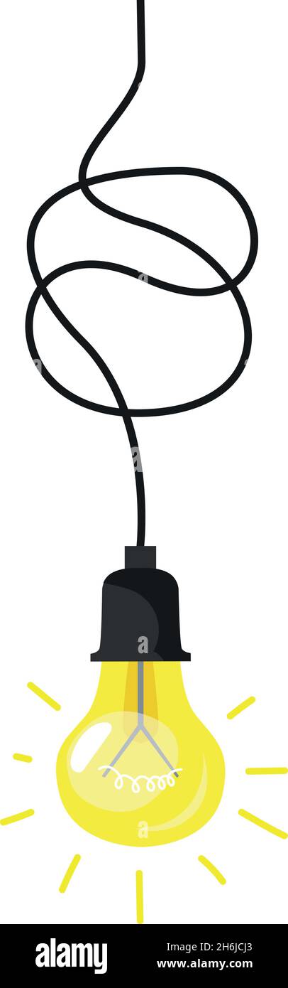 glowing light bulb on tangled wire. Cartoon electric lightbulb, bright ...