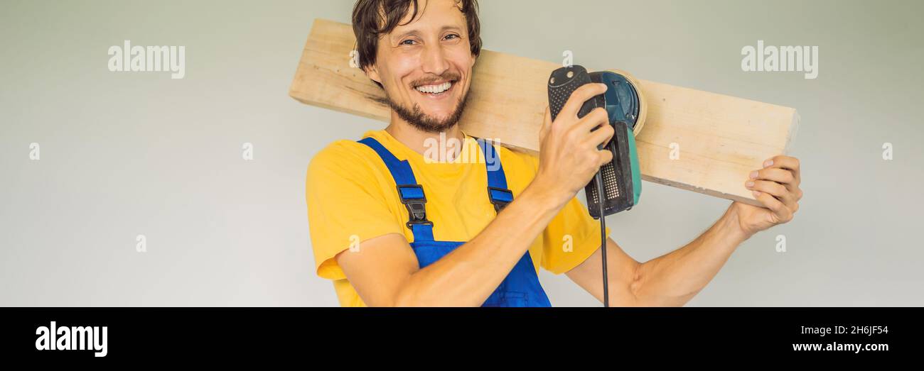 Carpenter with grinder and plane. Woodworking, professional BANNER ...