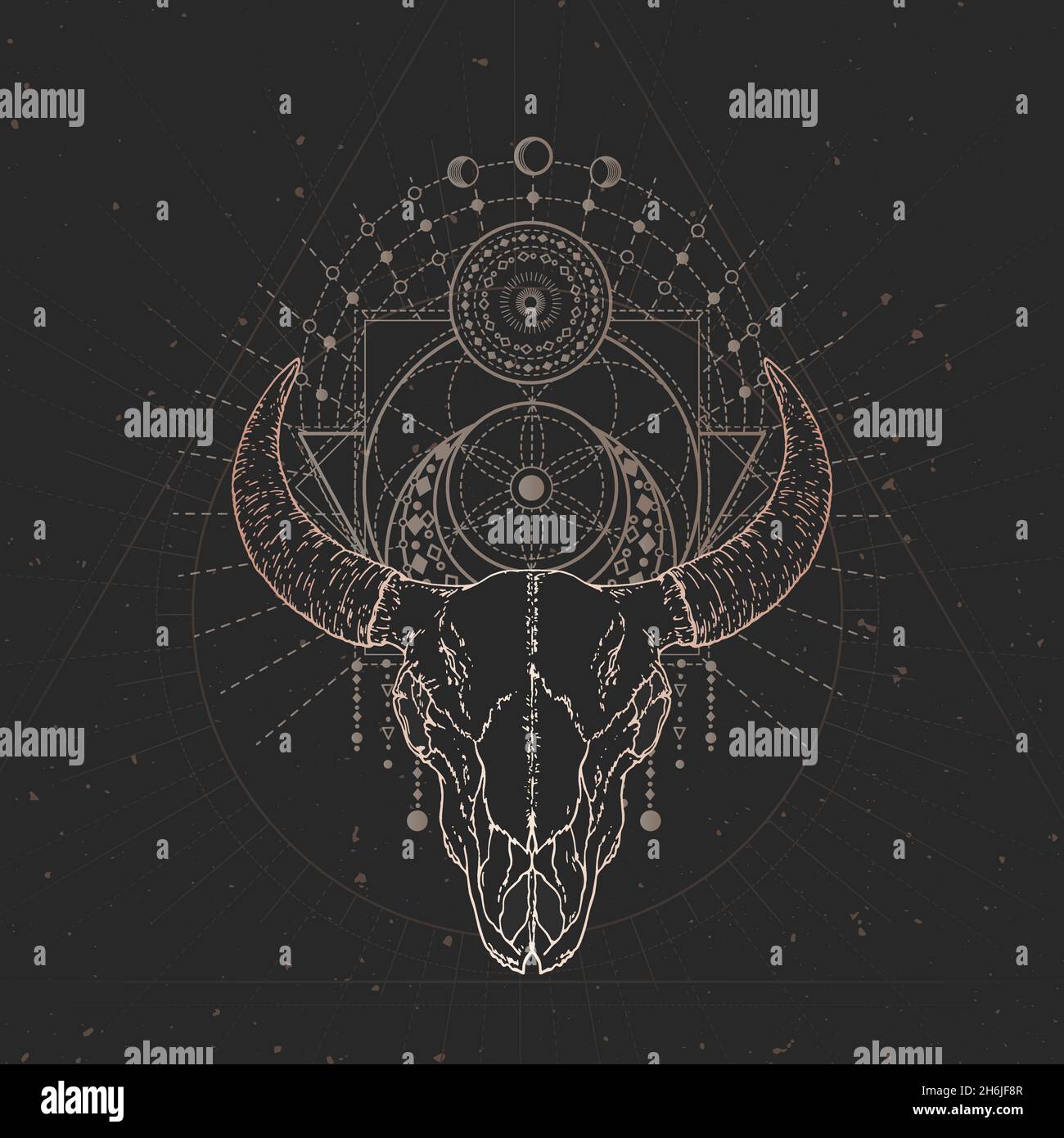 Vector illustration with hand drawn Bull skull and Sacred geometric ...