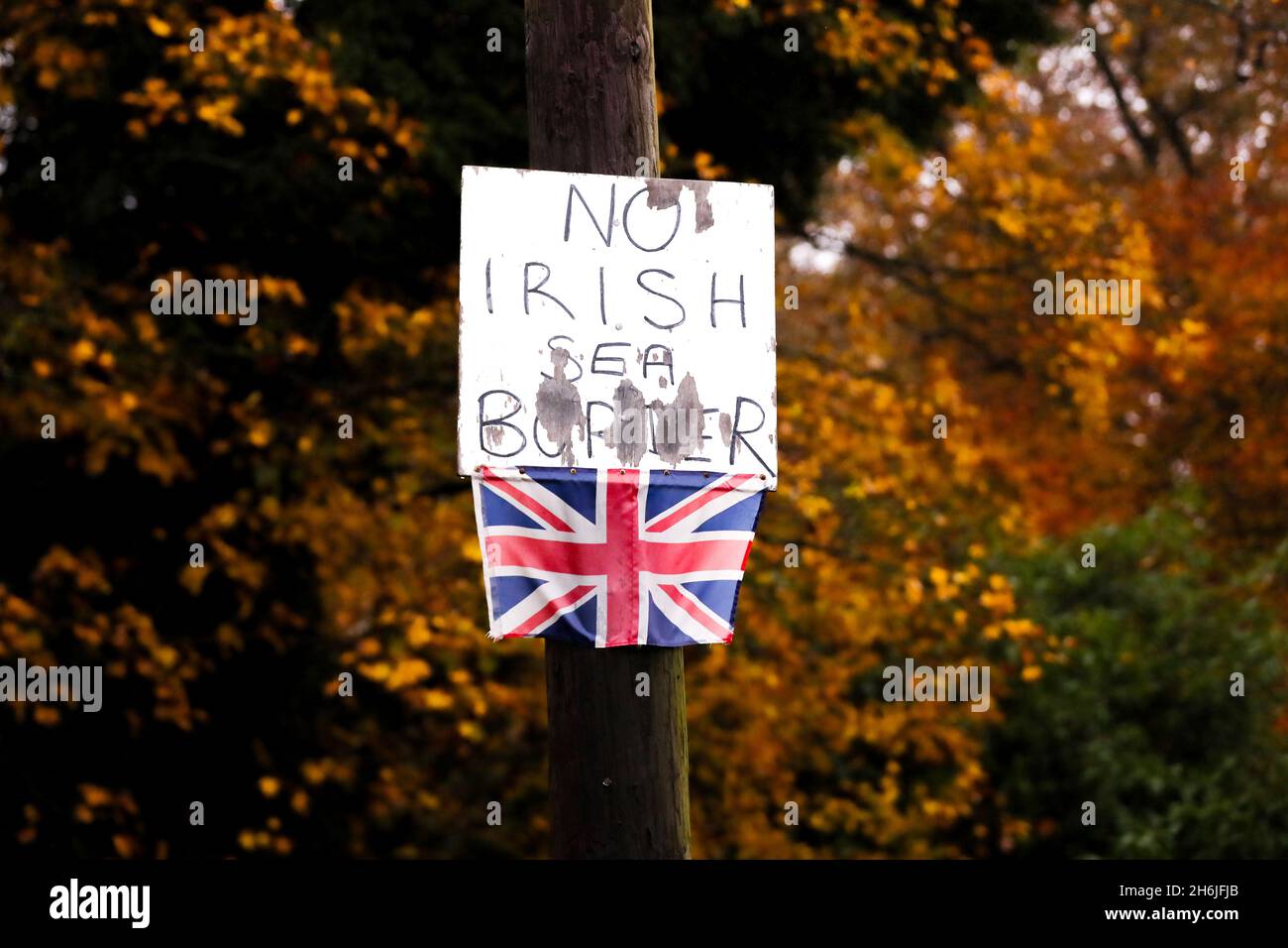 Anti Irish Sea Border placard and small Union Flag attached to a ...