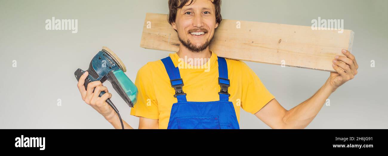 Carpenter with grinder and plane. Woodworking, professional BANNER ...