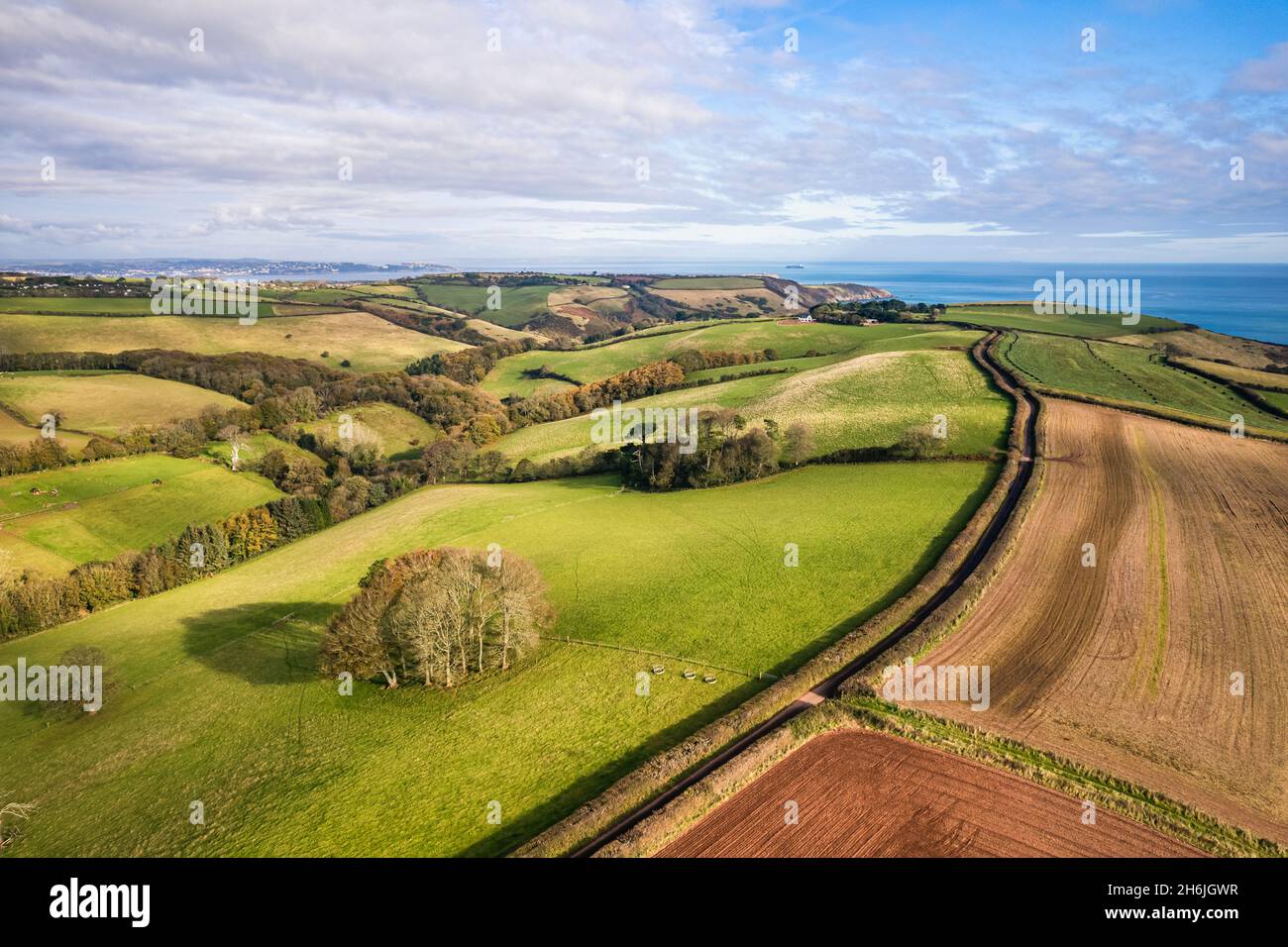 Autumn over Devon fields and farms from a drone, Kingswear, Brixham ...